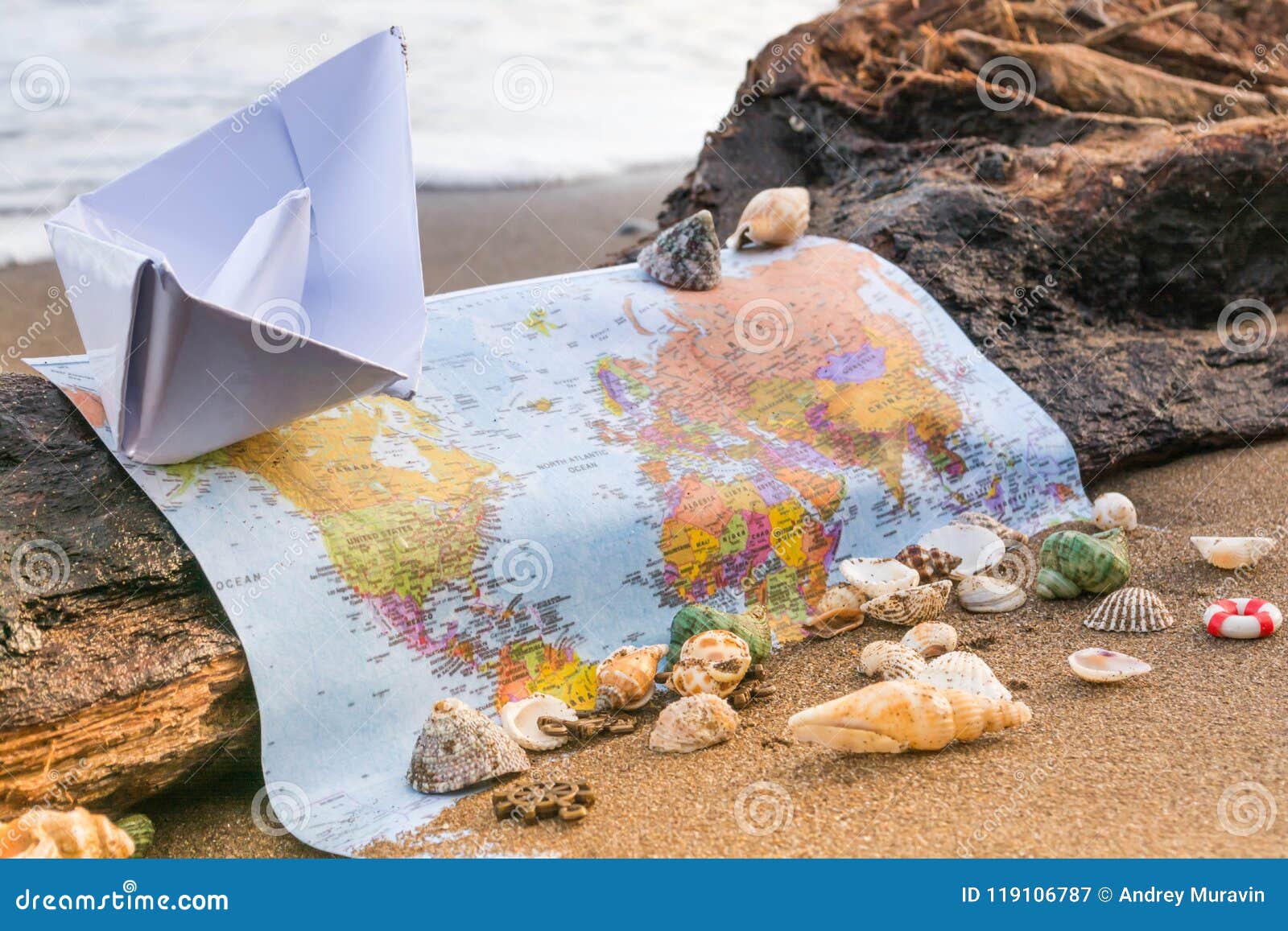 World map and seashells 3 stock image. Image of vacation - 119106787