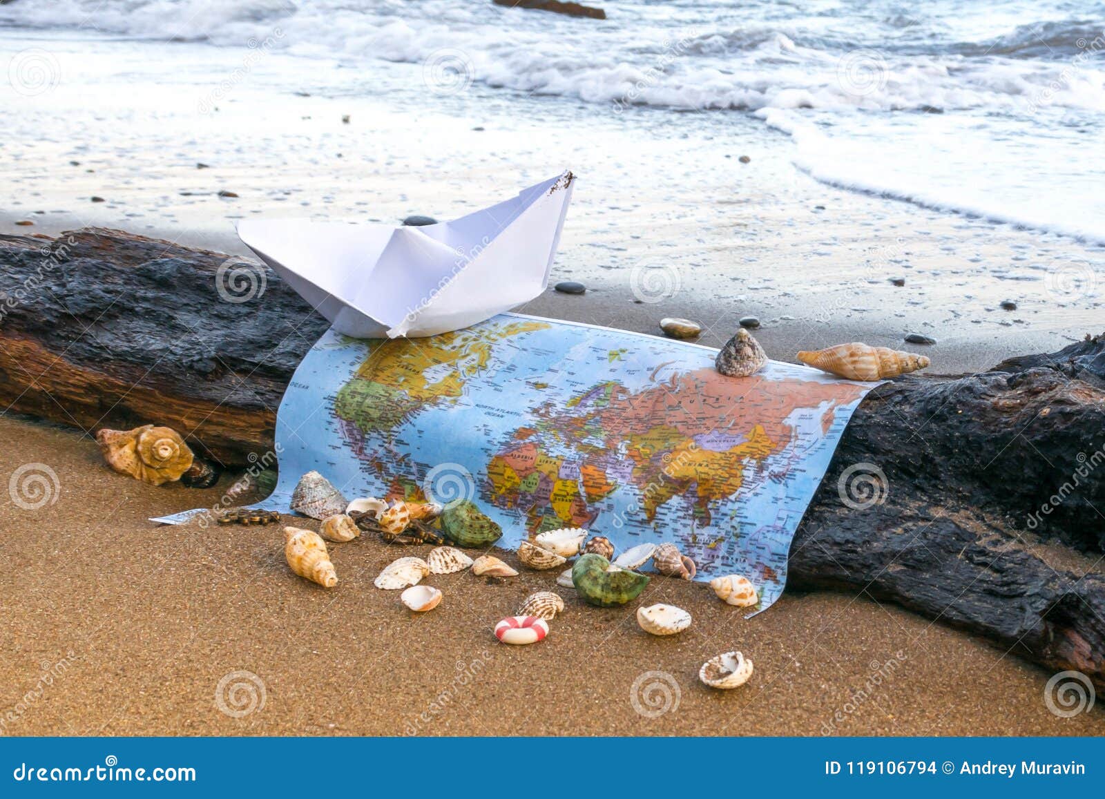 World map and seashells 2 stock photo. Image of starfish - 119106794