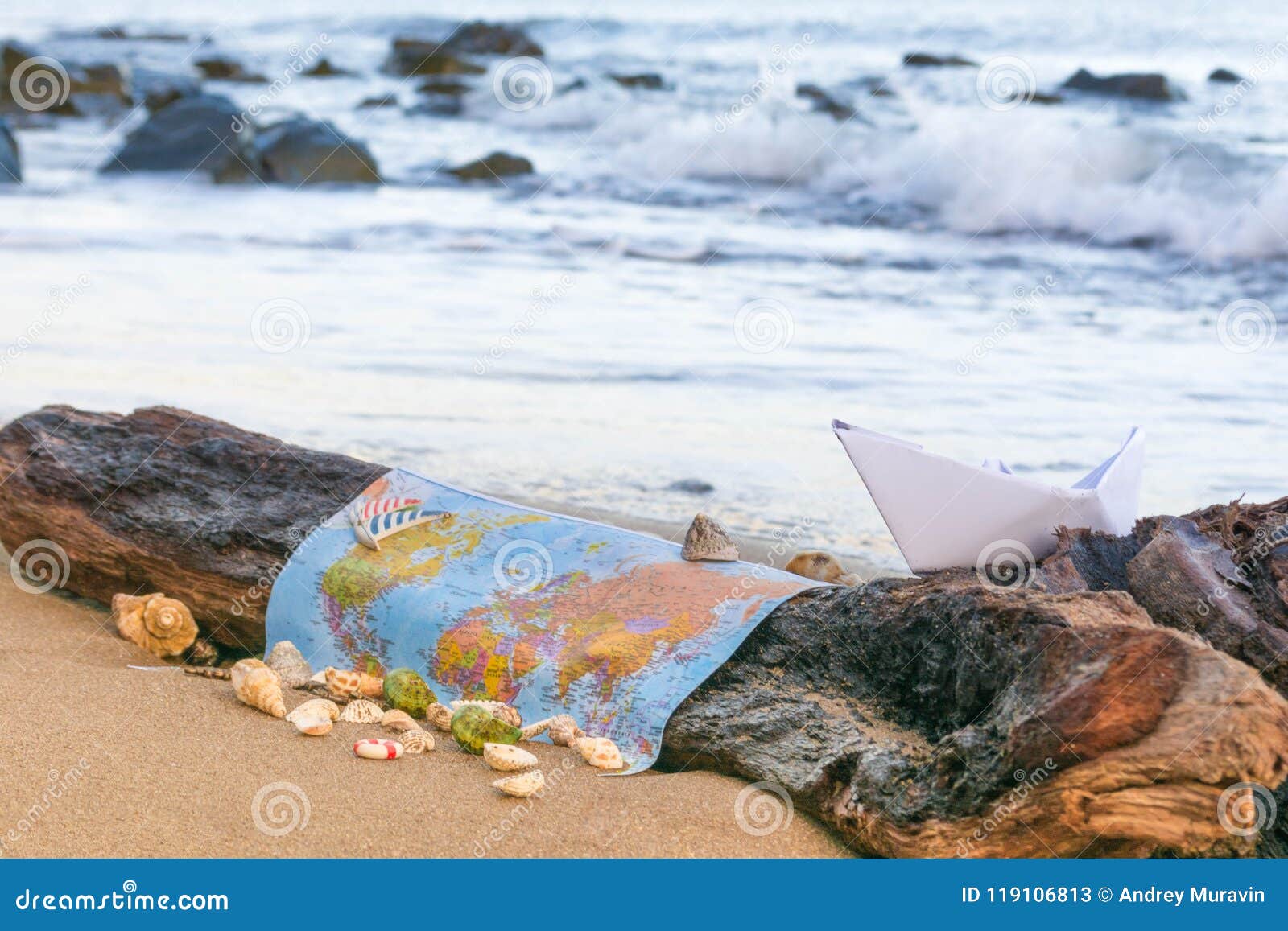 World map and seashells stock image. Image of trip, vacation - 119106813