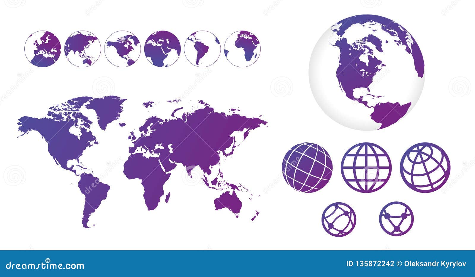 World Map with Set of Globes Linear Icons and Different Sides. Design ...