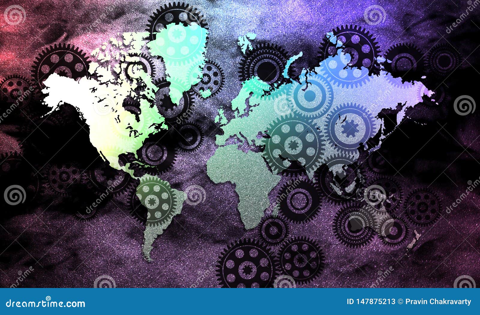 World Map on Shaded Background with Technology Cogs Texture. Stock ...