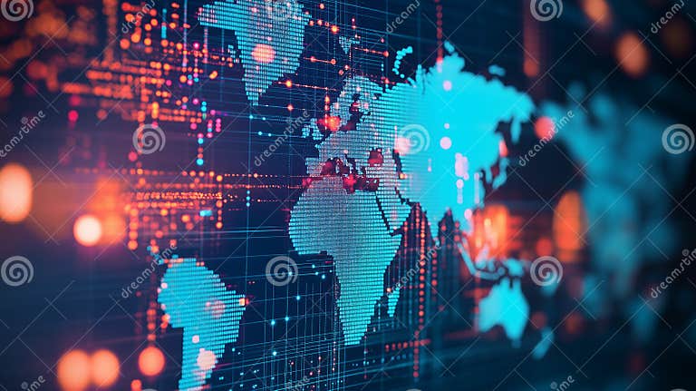 Global Network Digital World Map Abstract Technology Background Web Red ...