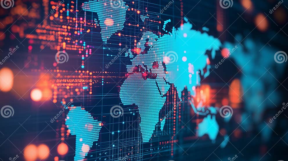 Global Network Digital World Map Abstract Technology Background Web Red ...