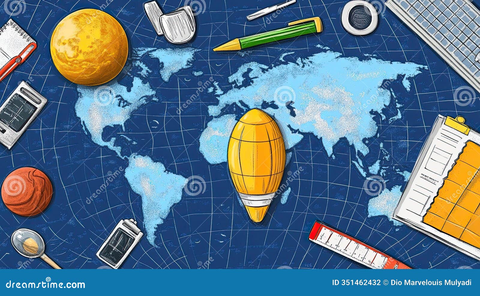 World Map with Spaceship and Stationery. Space Exploration Concept ...
