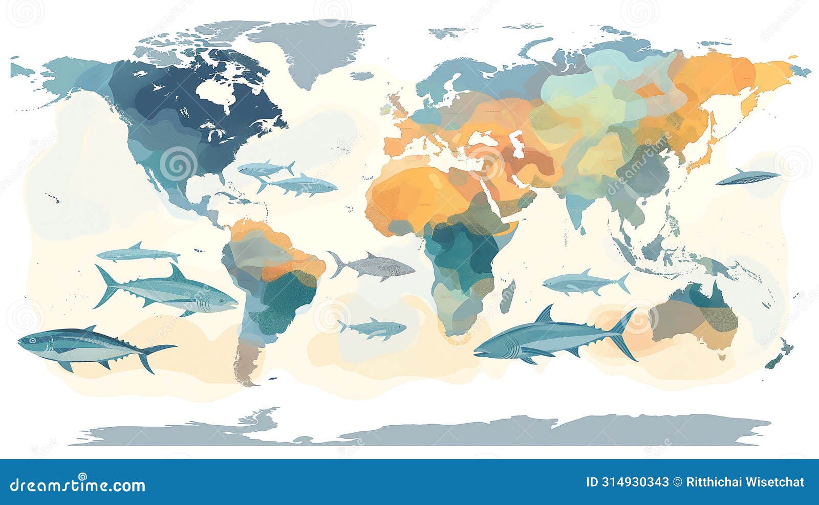 World Map with Stylized Fish Swimming Across, Representing Ocean ...