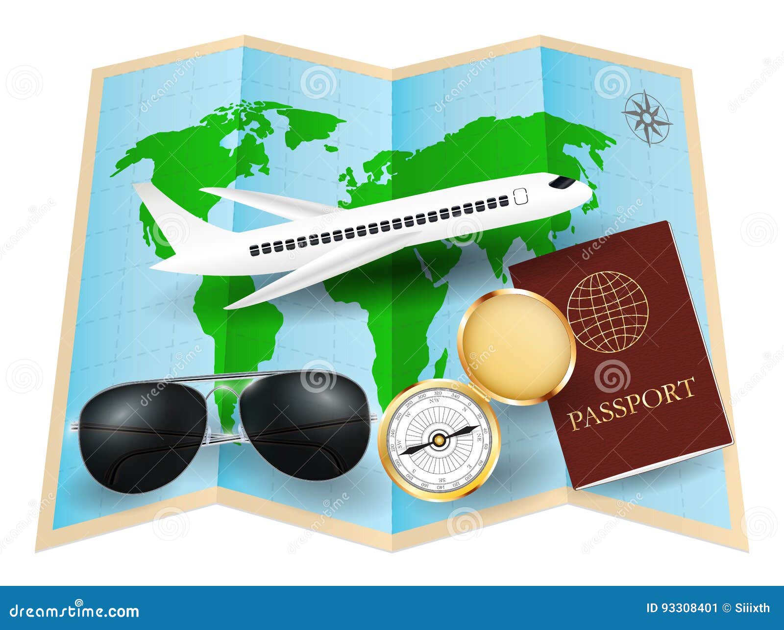 World Map with Sunglasses Compass Passport Plane Stock Vector ...