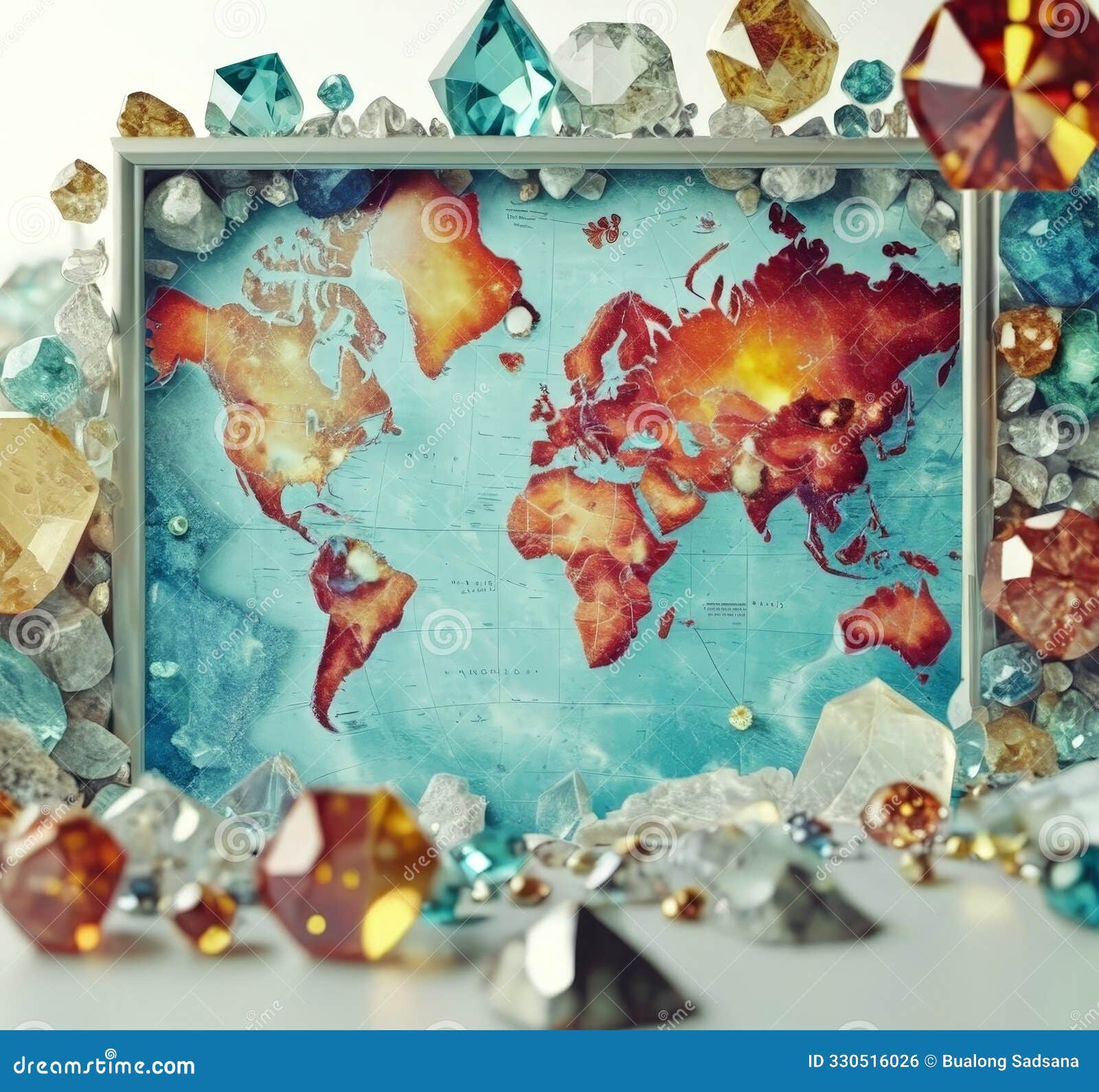 World Map Surrounded by Crystals and Gems Stock Illustration ...