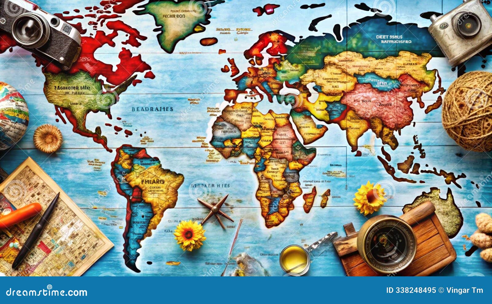 A World Map Surrounded by Travel Essentials, Including a Compass ...