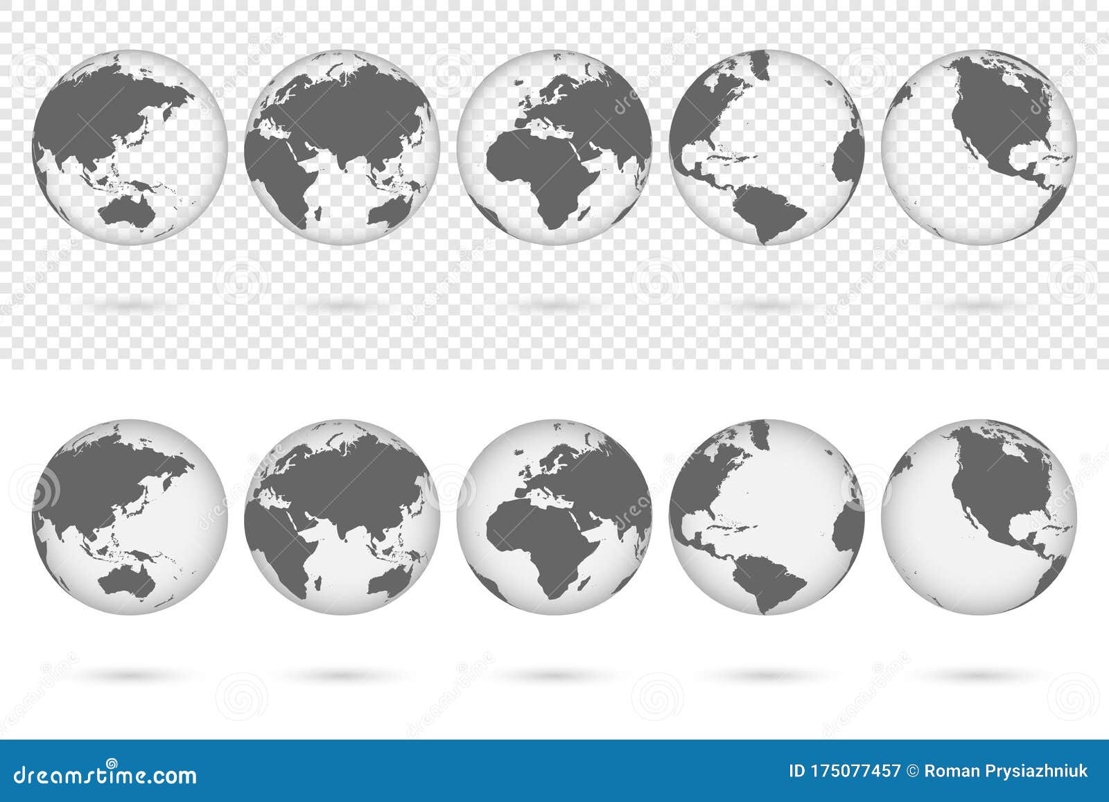 Transparent Earth Globes From Different Sides With Shadow. World Map ...