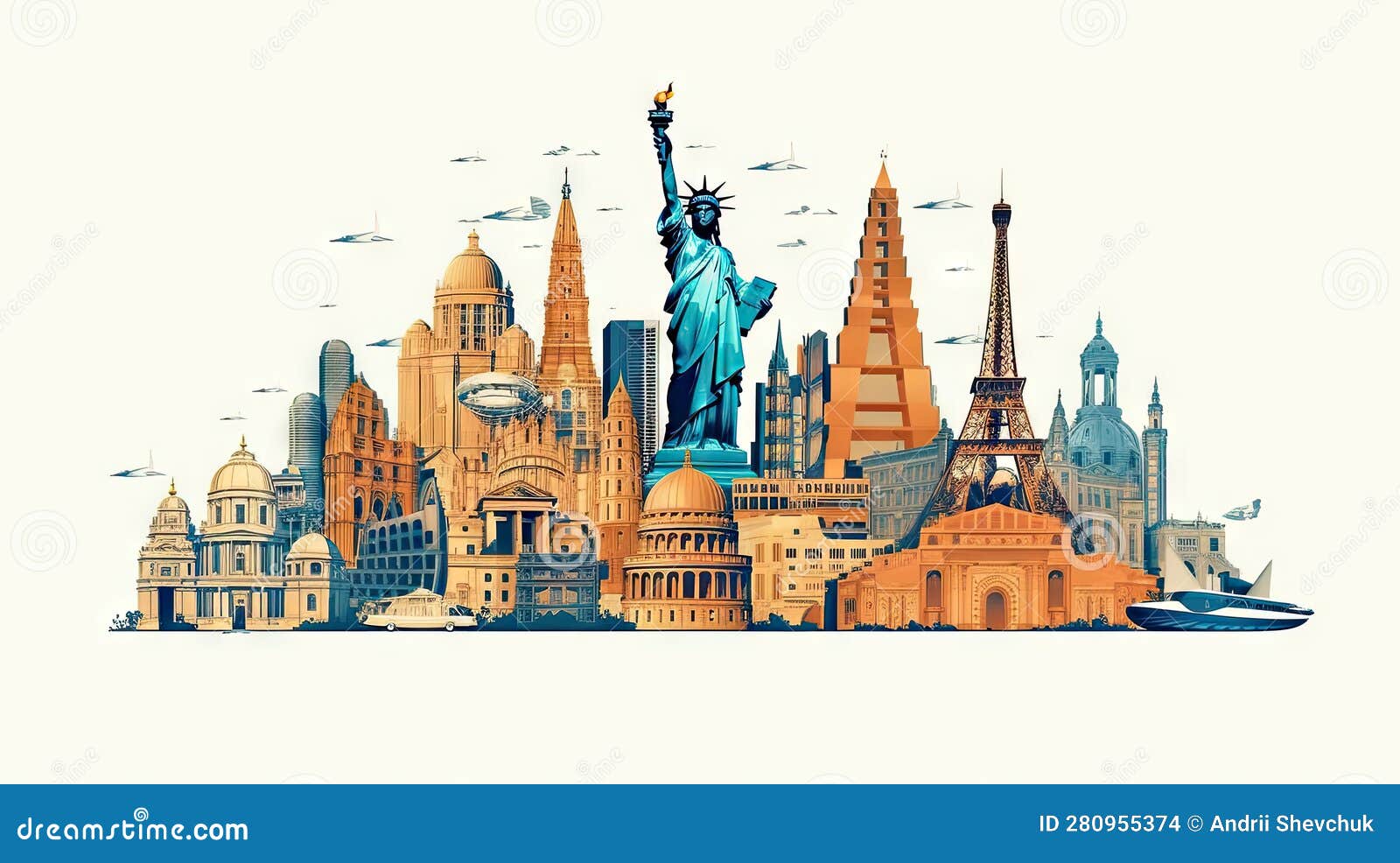 World Map Travel Monuments Background. Generative AI Stock Illustration ...