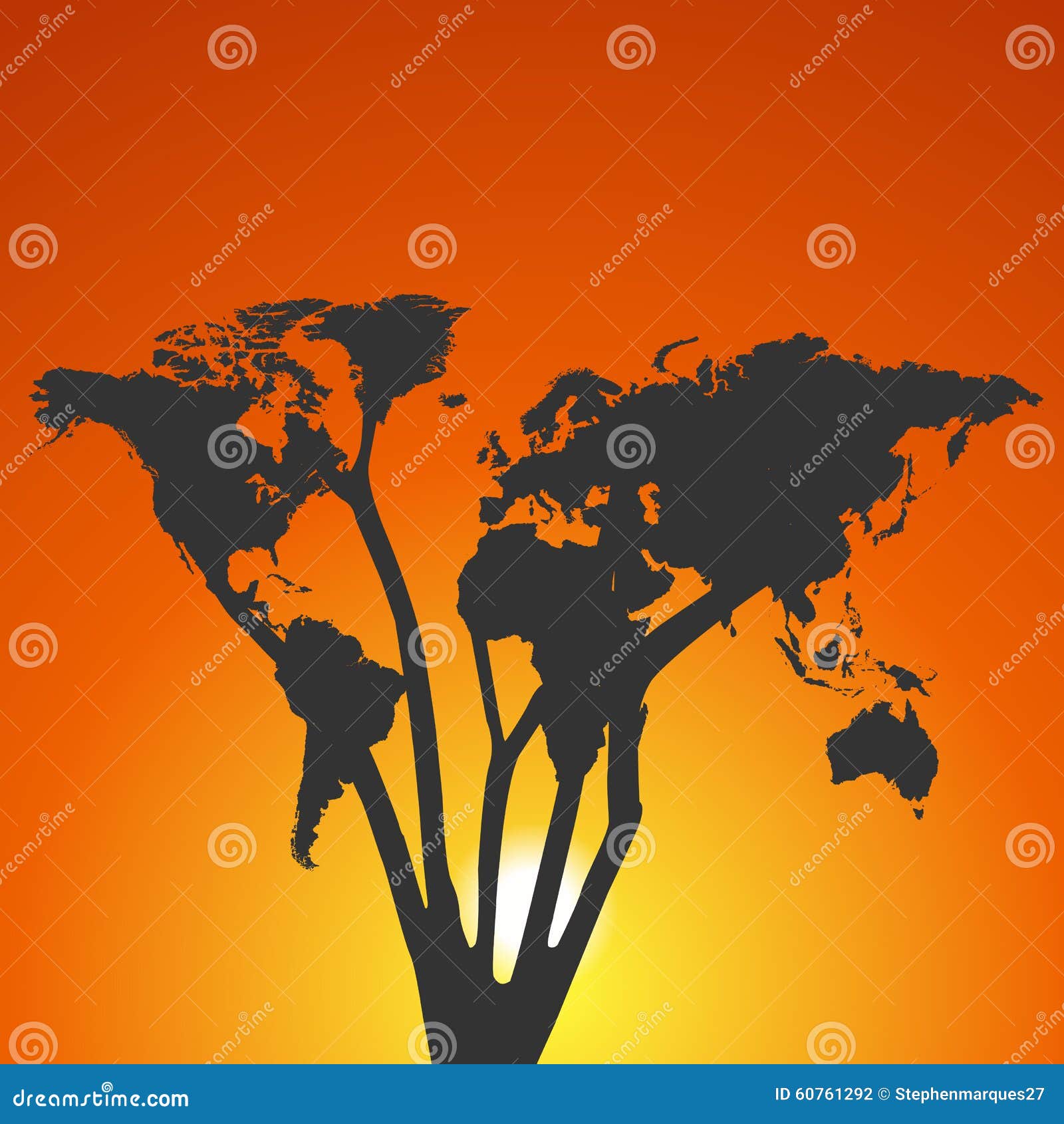 World Map Tree at Sunset stock vector. Illustration of international ...