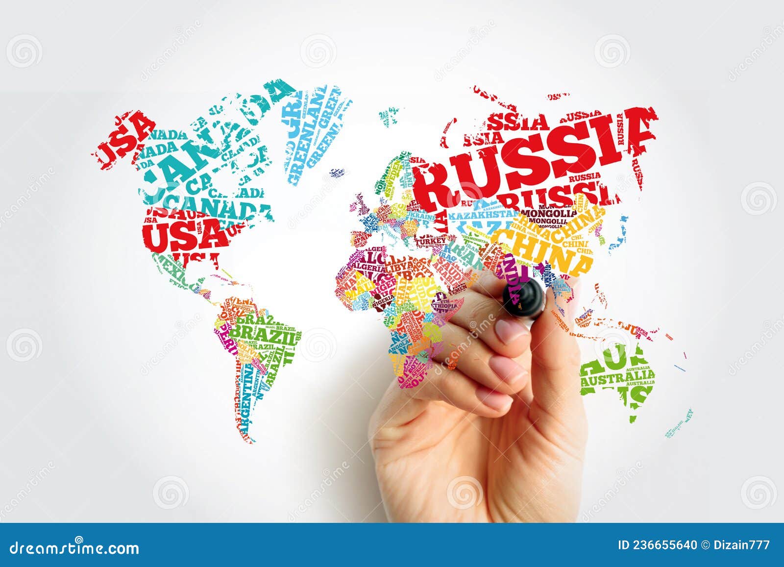 World Map in Typography Word Cloud with Marker, Names of Countries ...