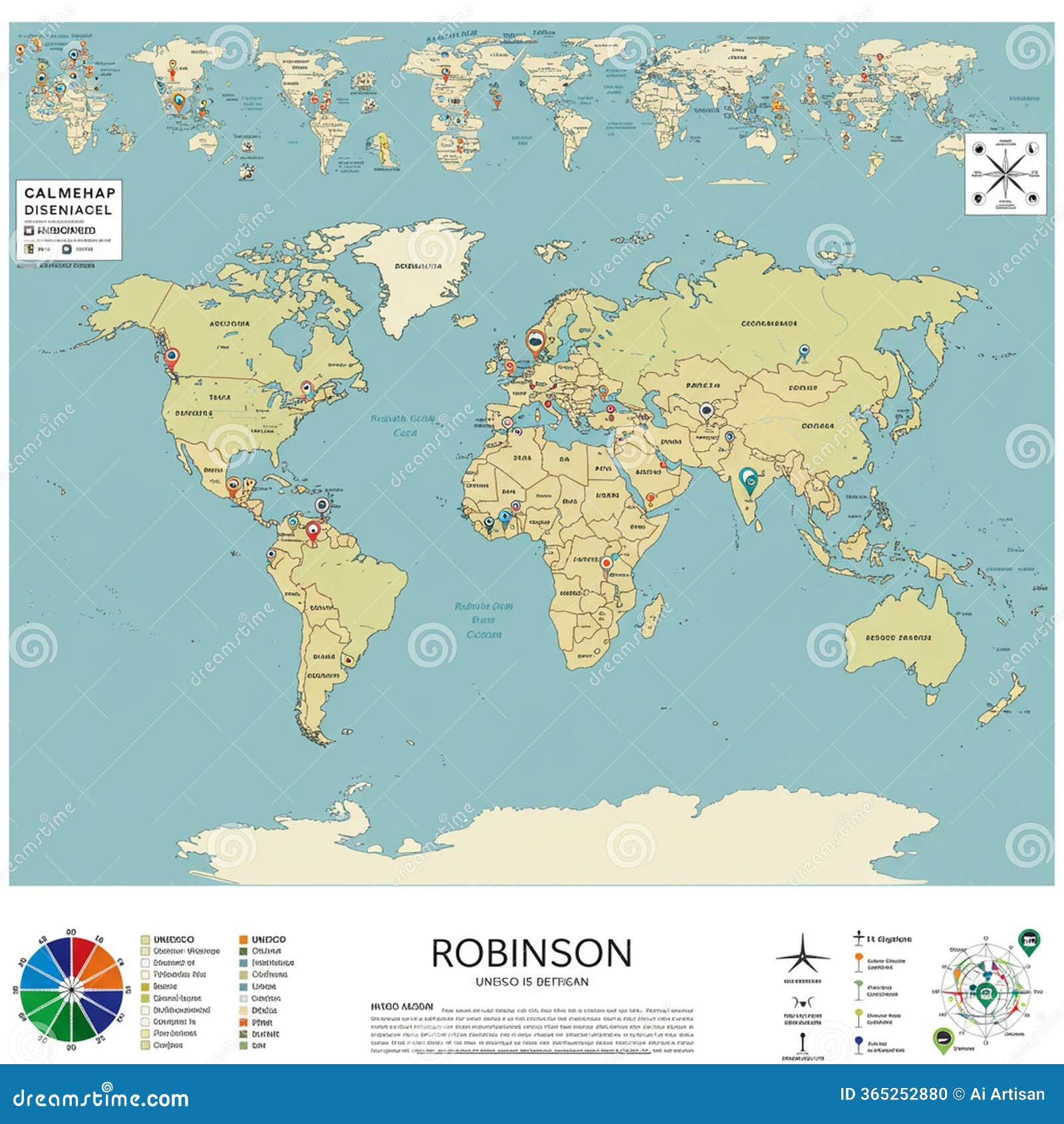 World Map Using The Robinson Projection, Highlighting UNESCO Sites ...