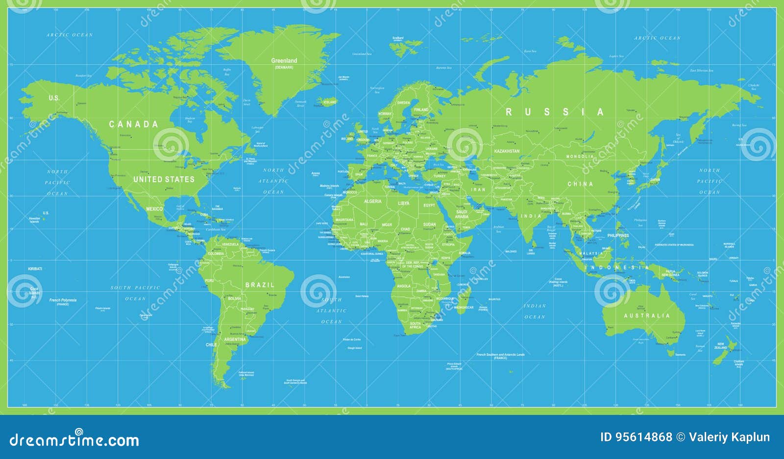 World Map Vector Blue Green. Detailed Illustration of Worldmap Stock ...