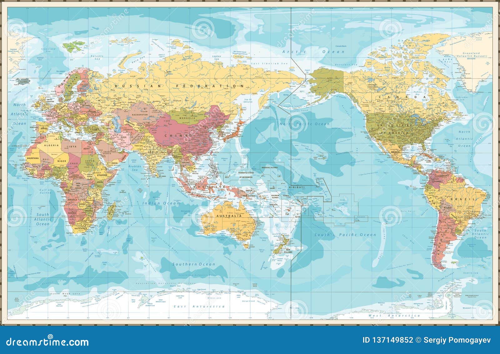 Pacific Centred World Colored Map. No Bathymetry Cartoon Vector ... Pacific Centred World Colored Map. No Bathymetry Cartoon Vector ...