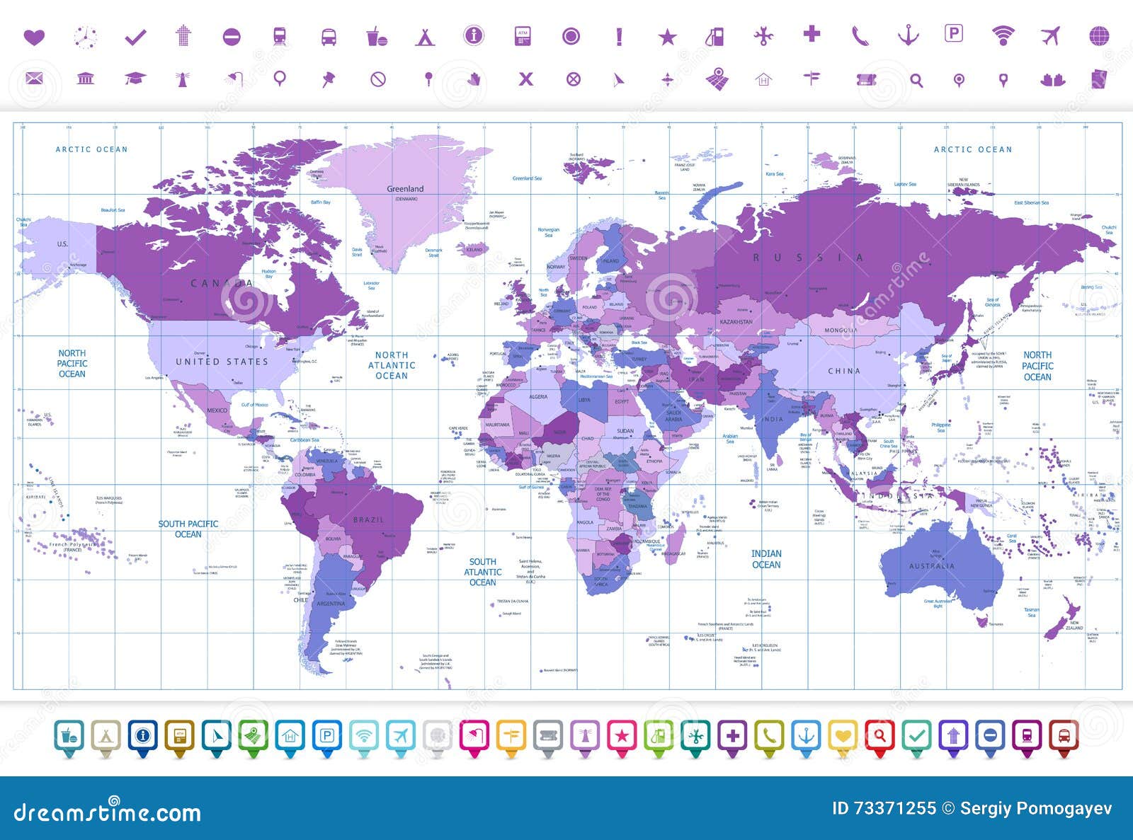 World Map Violet Colors and Flat Navigation Icon Set Stock Vector ...