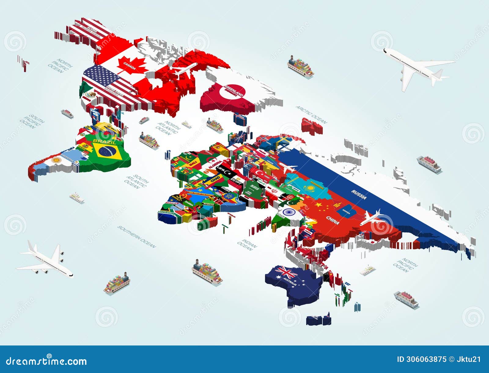 World Map Where Countries are Connected with Their National Flags Stock ...