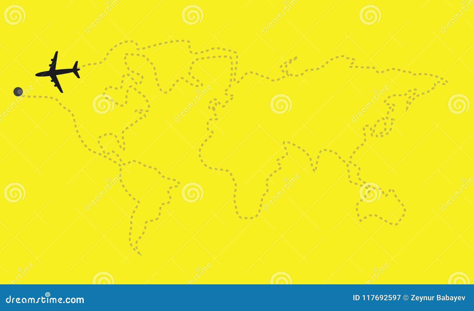 World Map Whit Dashed Trace Line And Airplane Flying Through All Over