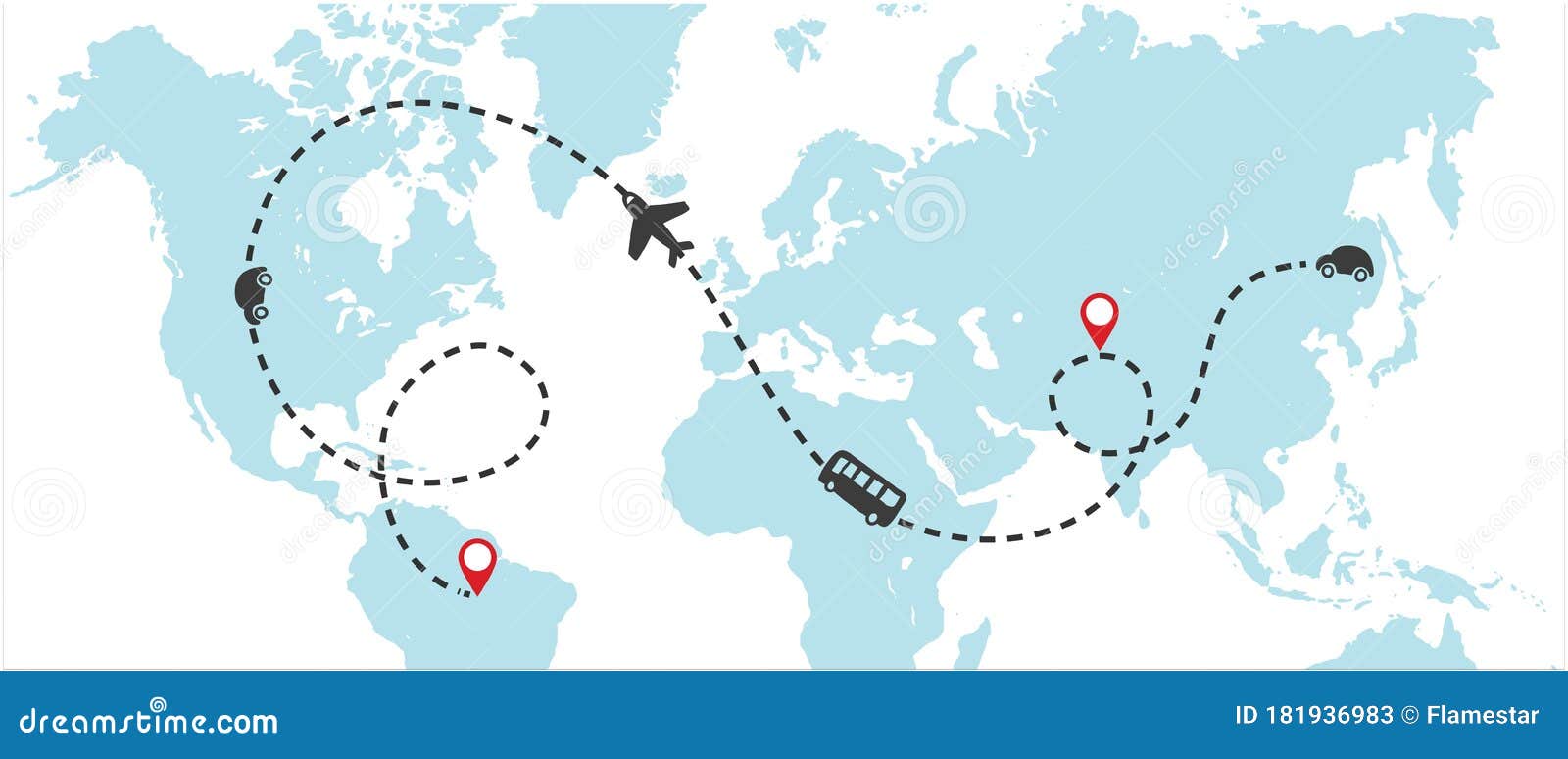 World Map Whit Dashed Trace Line and Airplanes Flying, Bus Driving, and ...