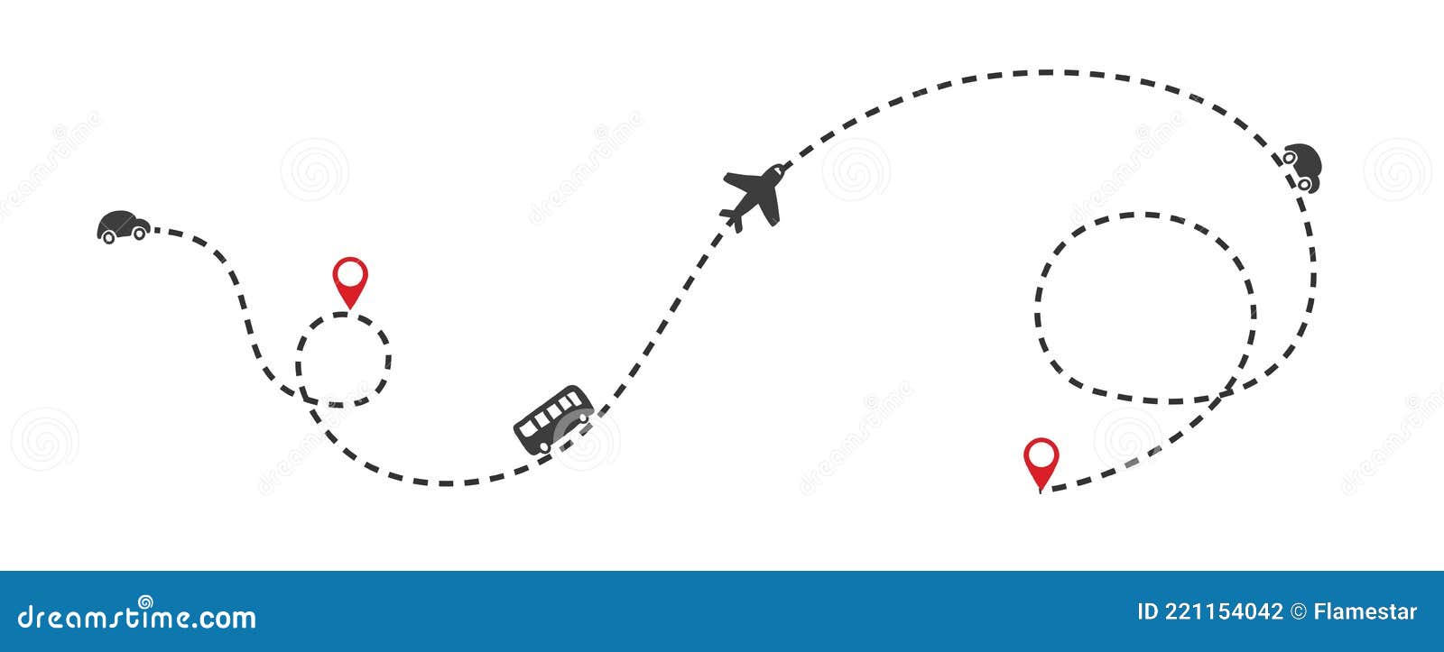 World Map Whit Dashed Trace Line And Airplanes Flying Bus Driving