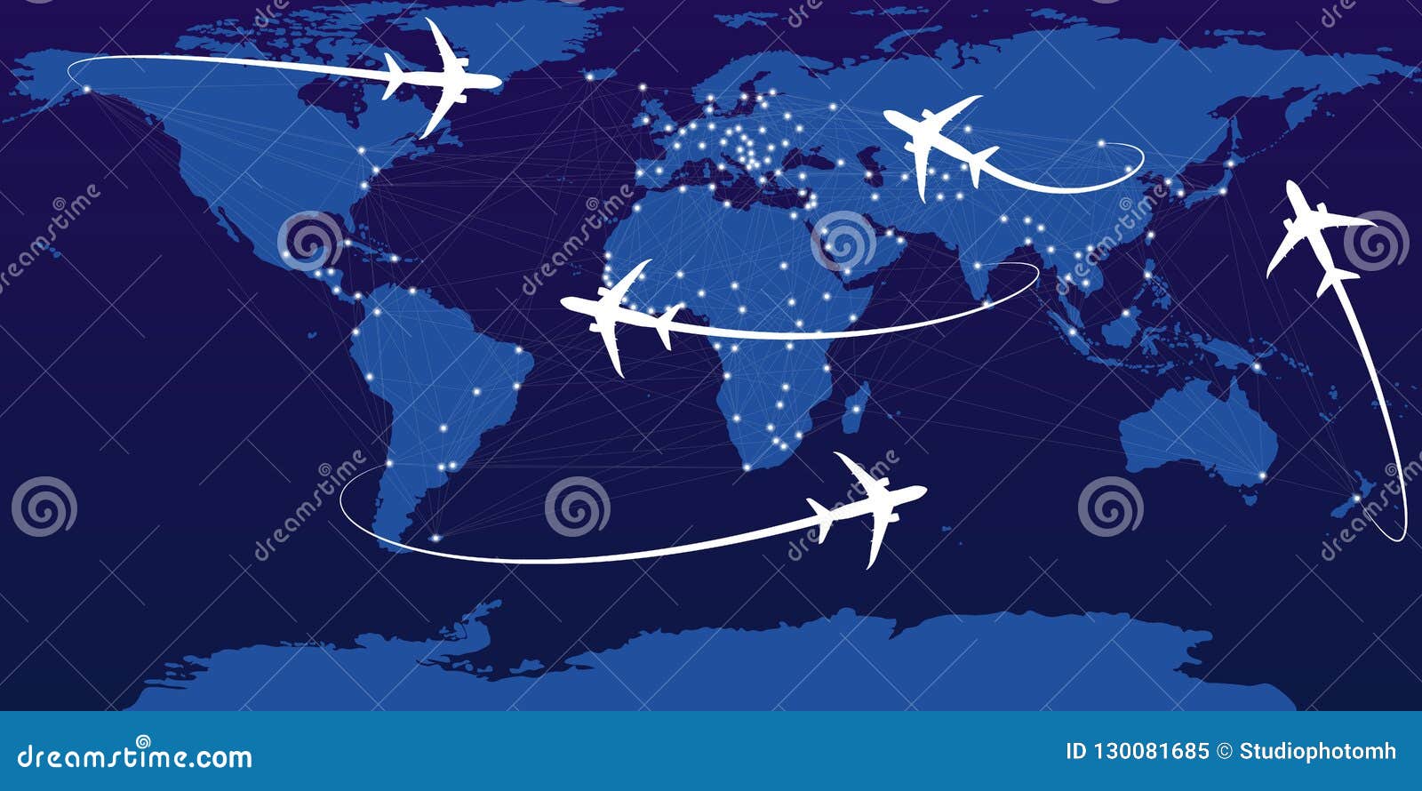 World Map Whit Dashed Trace Line And Airplanes Flying Travel Concept
