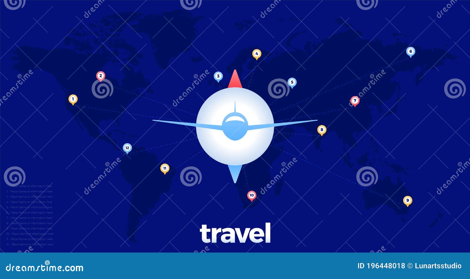 World Map Whit Dashed Trace Line With Pin Location And Airplanes In