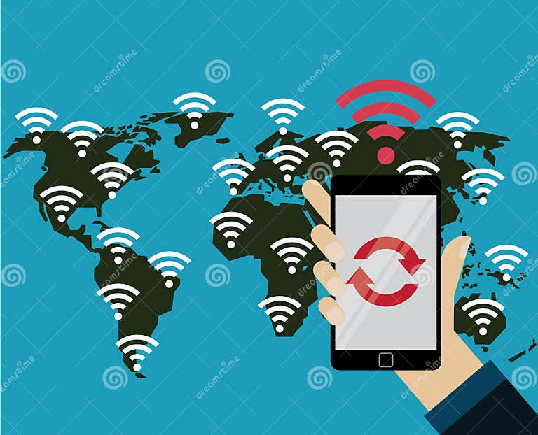 World Map with Wireless Connection on Smart Phone Stock Vector ...