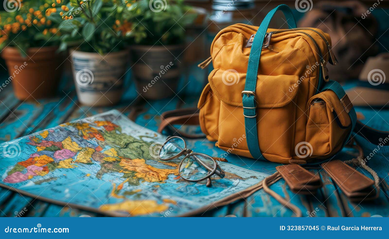 World Map, Yellow Travel Backpack and Glasses on a Wooden Table. Travel ...