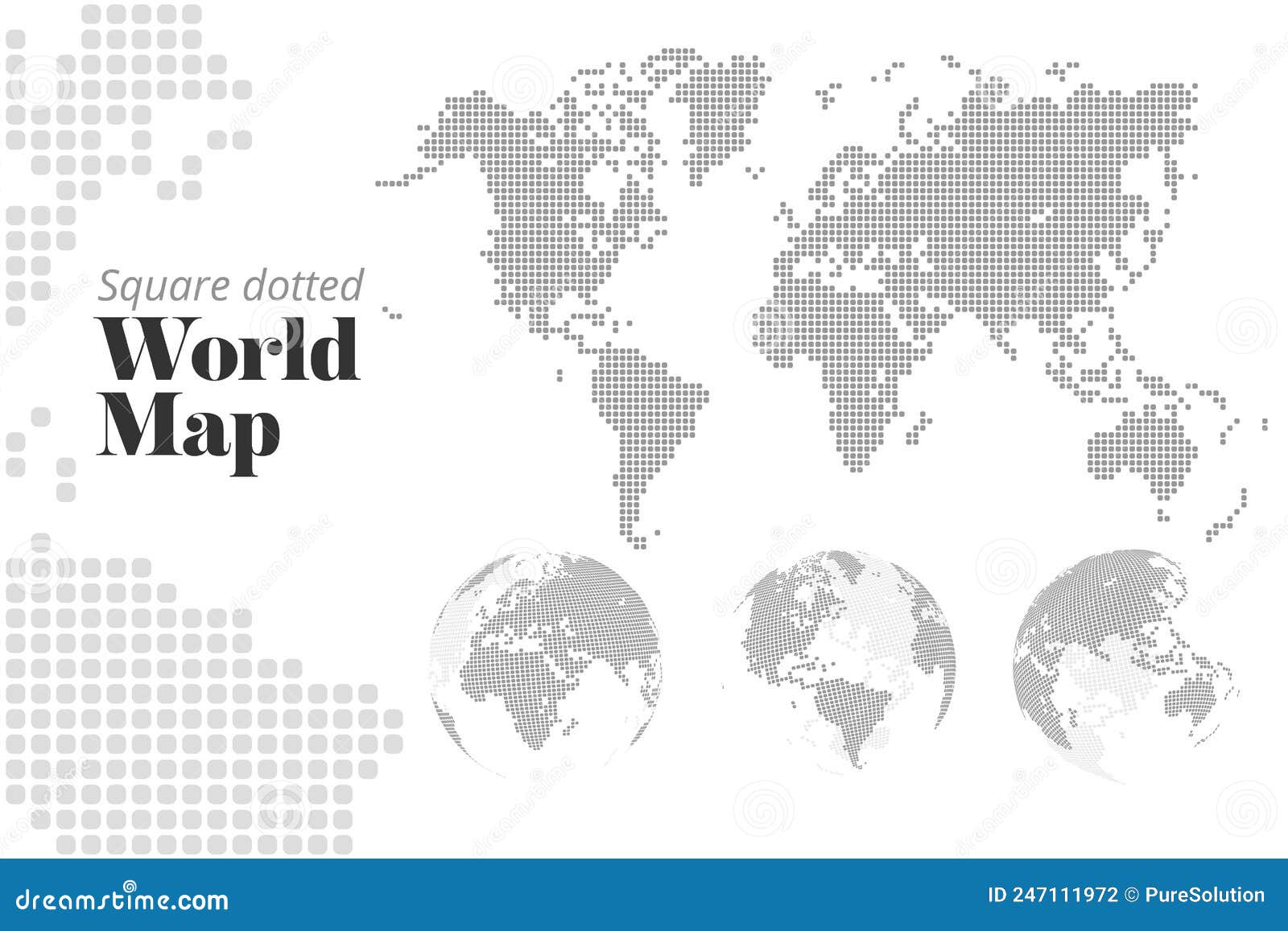 Square Dotted World Map and Earth Globes Showing All Continents Stock ...