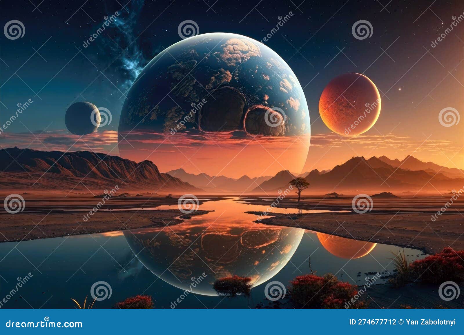 A World with Multiple Suns and Moons in the Sky. Generative AI Stock ...