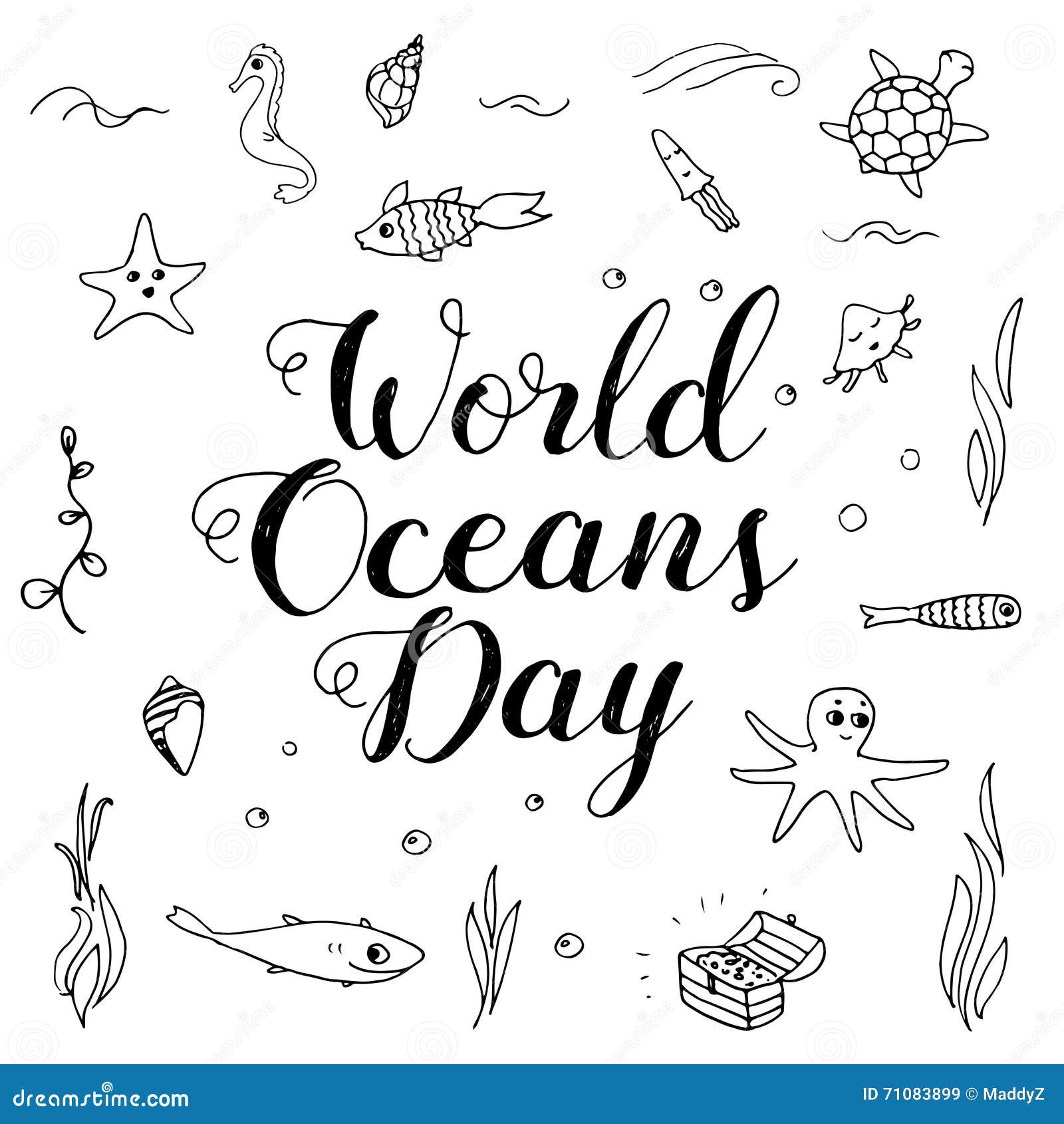 World Ocean Day Lettering and Doodle Illustration. Stock Vector ...