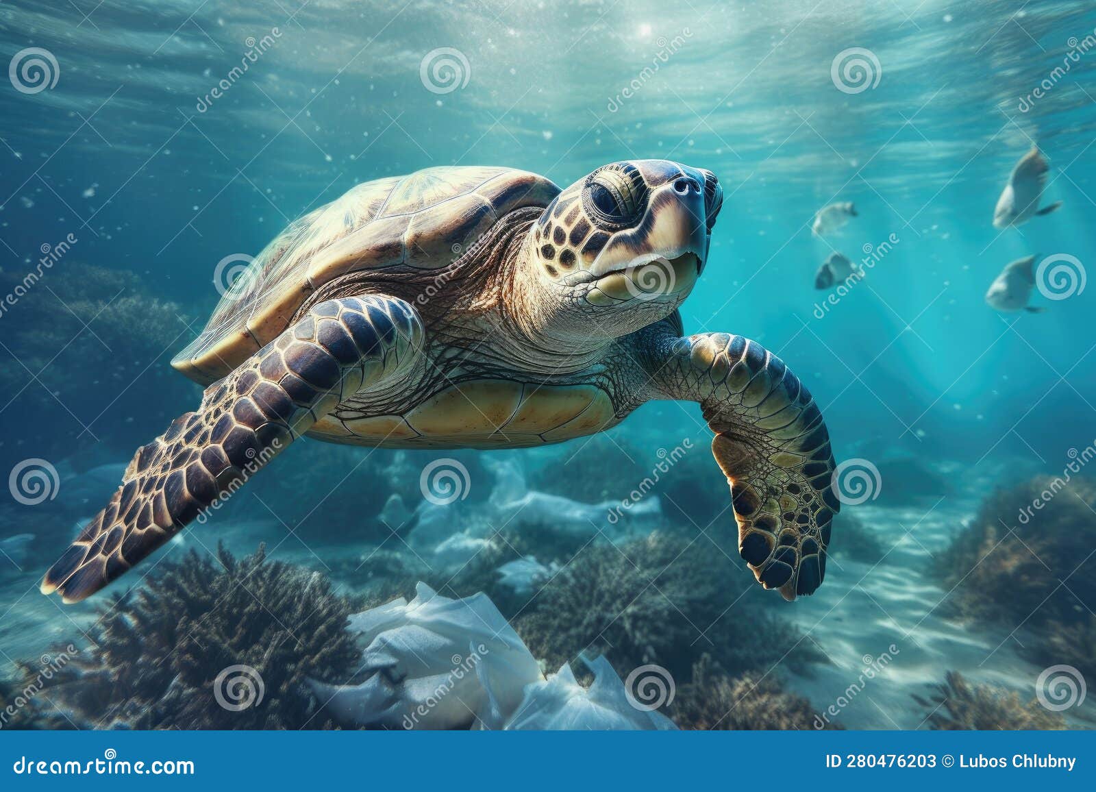 World Ocean Pollution, Turtle and Plastic Bags Underwater. Generative ...