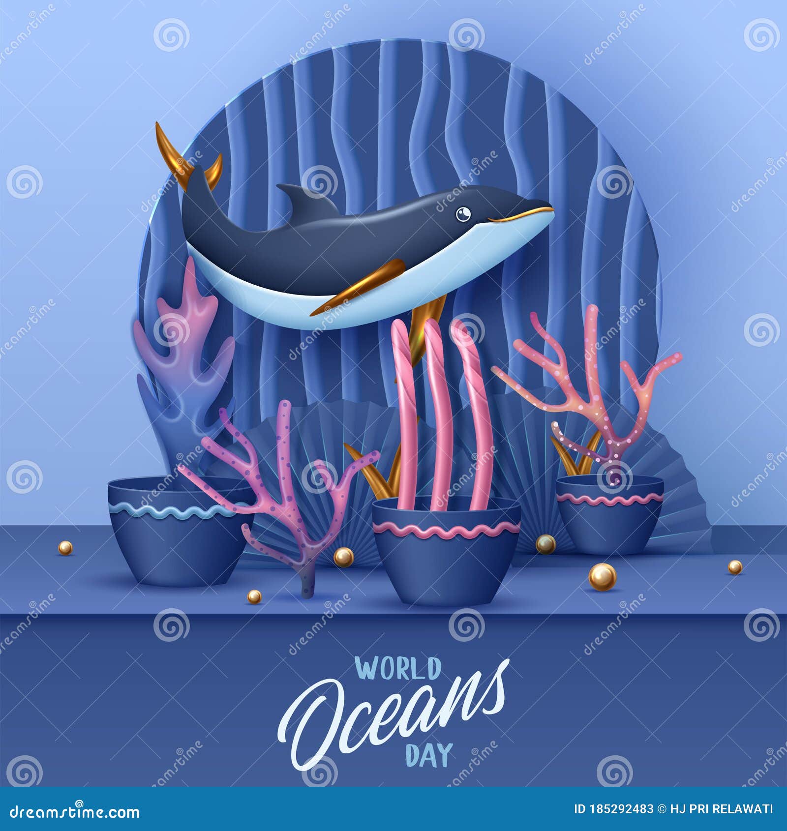 World Oceans Day Banner with Cute Dolphin. Vector Illustration Stock ...