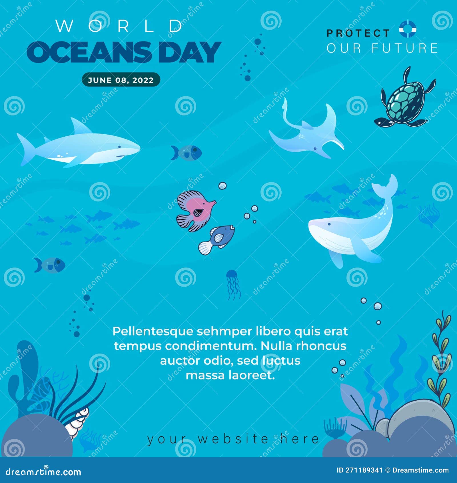 World Oceans Day Design With Underwater Ocean Dolphin Shark Coral
