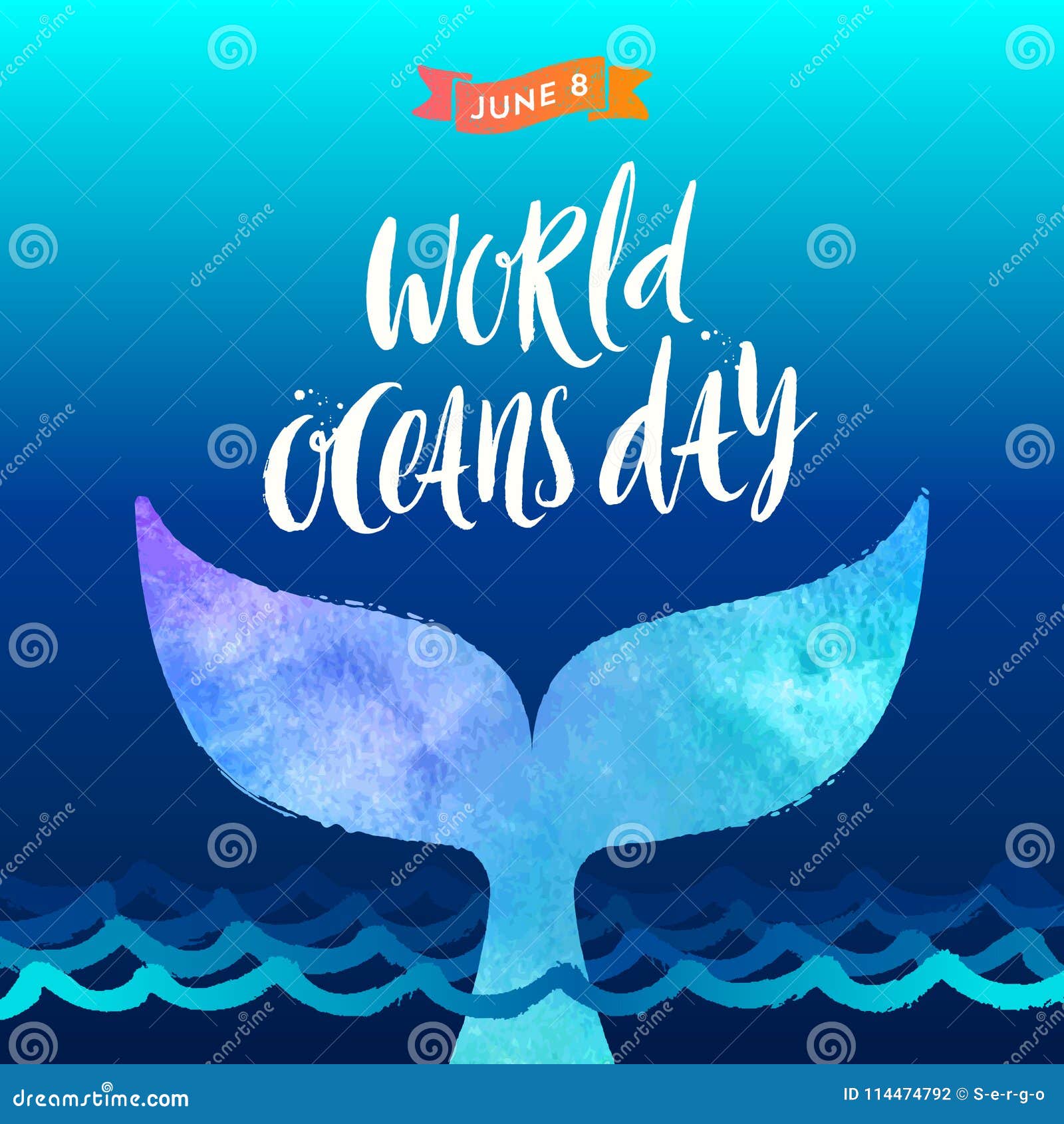 World Oceans Day Illustration Brush Calligraphy And The Tail Of A