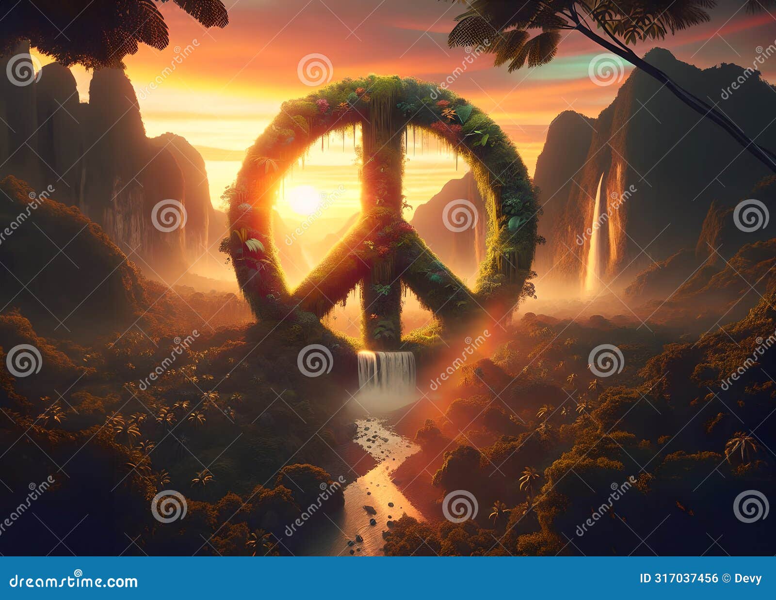 World Peace Sign in a Forest Landscape at Sunset Stock Illustration ...