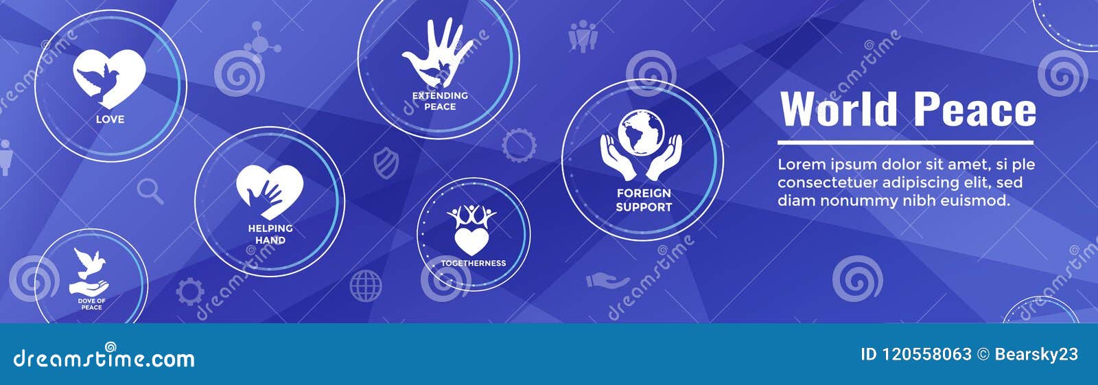 World Peace Web Header Banner with Dove Globe Hand and Heart Icon Set ...