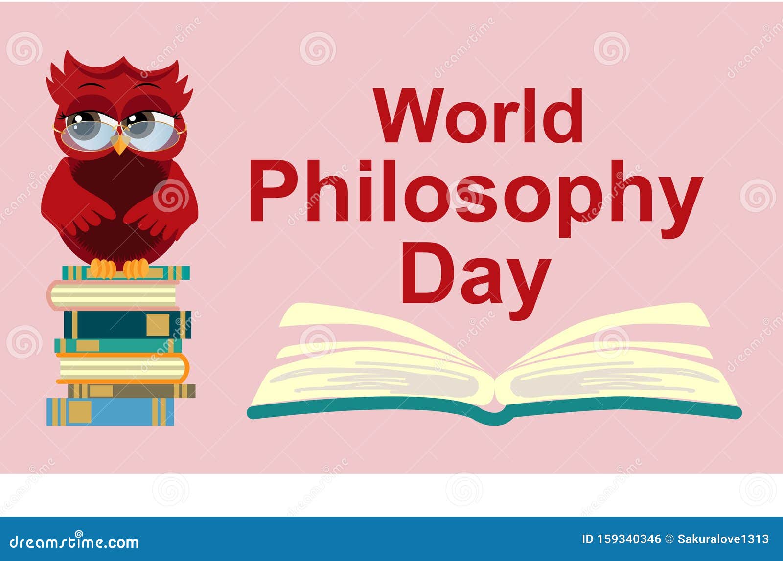 World Philosophy Day. Smart Owl on Stack of Books, Open Book and ...