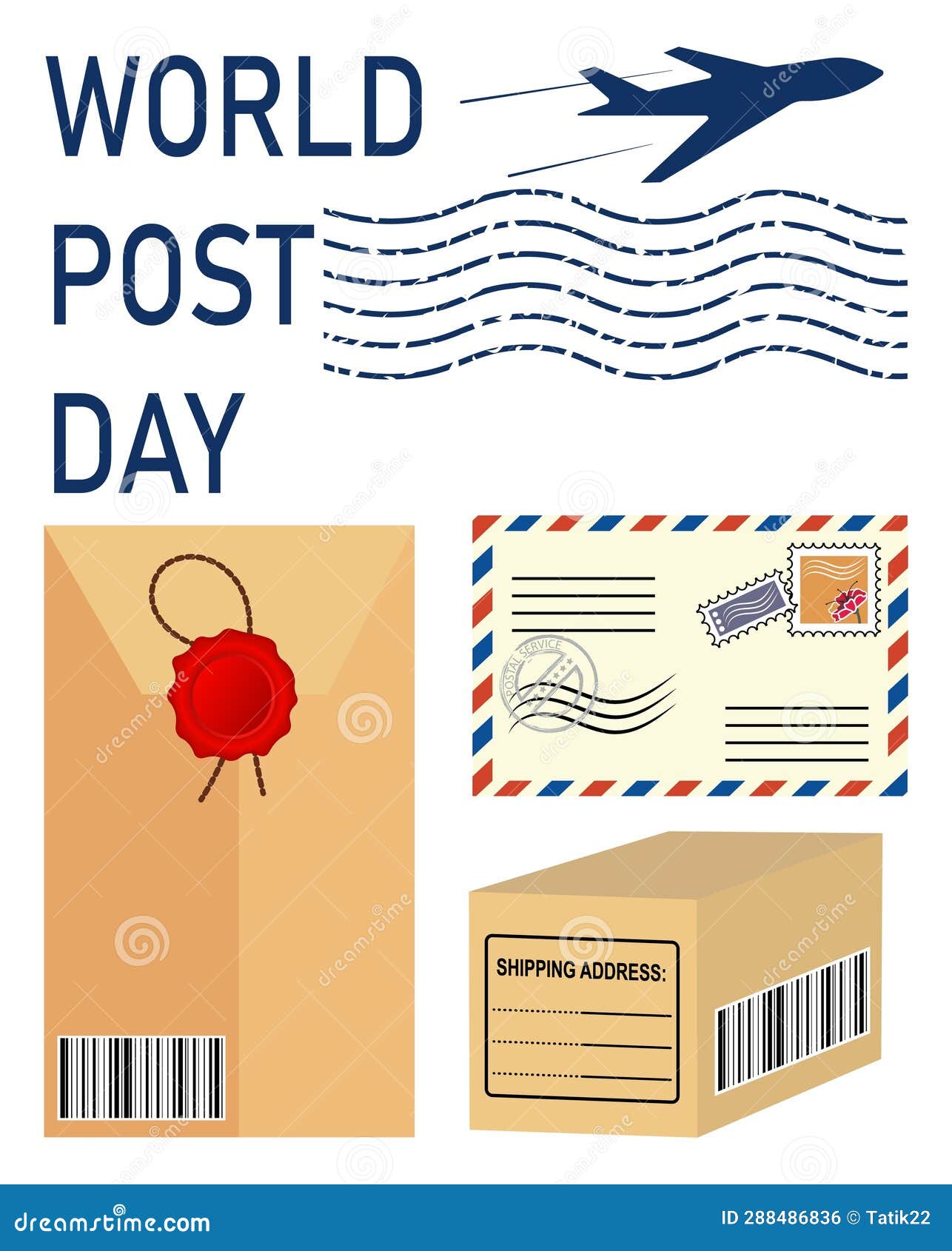 World Post Day. Airplane, Envelope and Parcels. Mail Delivery Stock ...