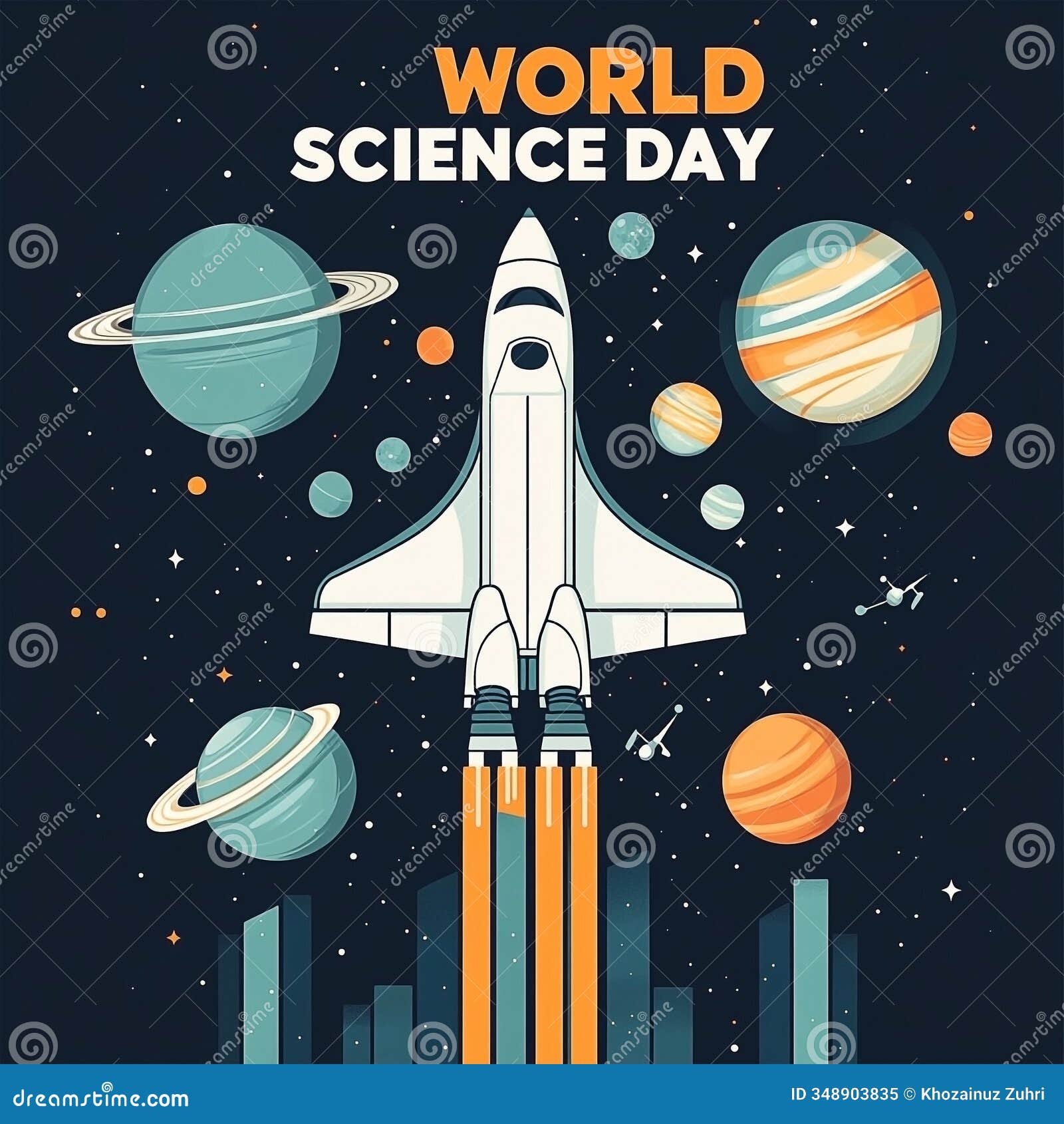 World Science Day Poster with Space Shuttle and Planets Stock ...