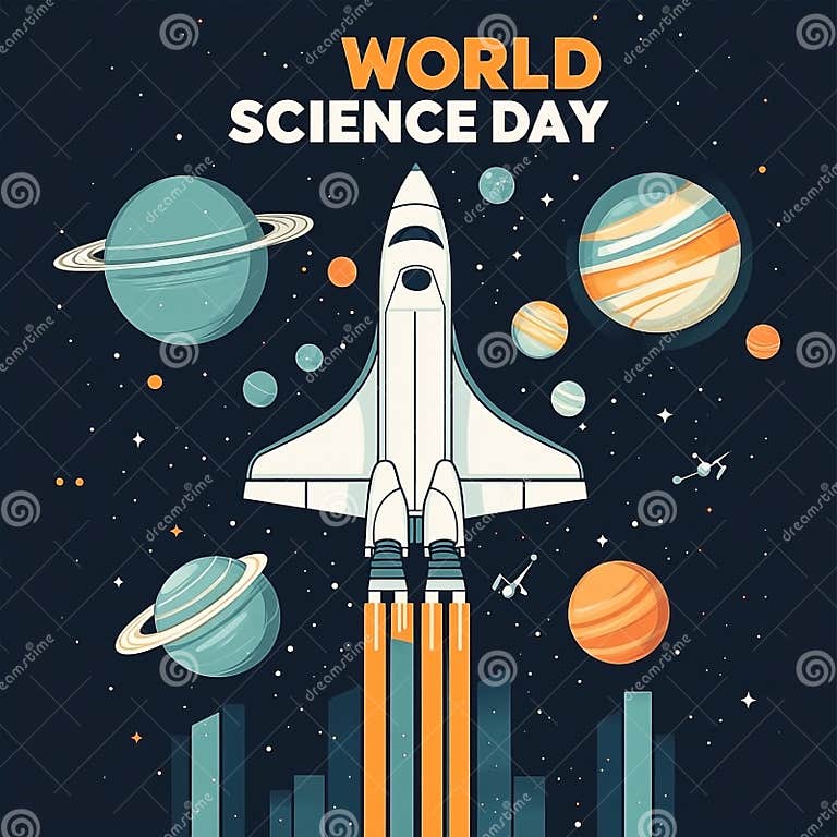 World Science Day Poster with Space Shuttle and Planets Stock ...