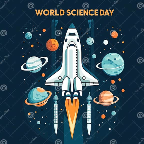 World Science Day Poster with Space Shuttle and Planets Stock ...