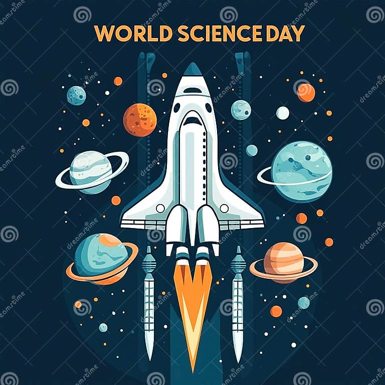 World Science Day Poster with Space Shuttle and Planets Stock ...