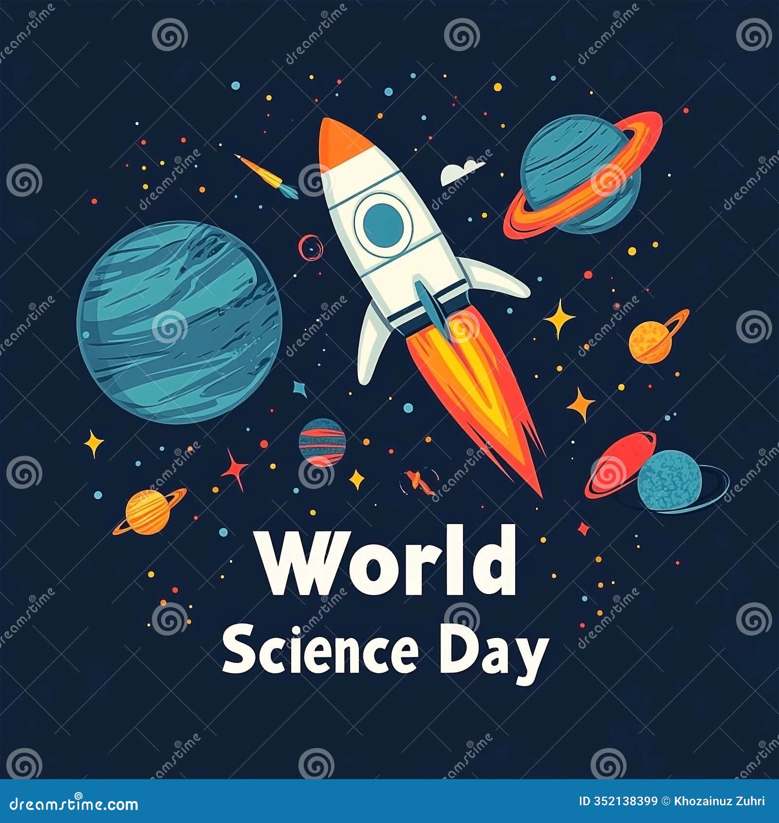 World Science Day Poster with Rocket and Planets Stock Illustration ...