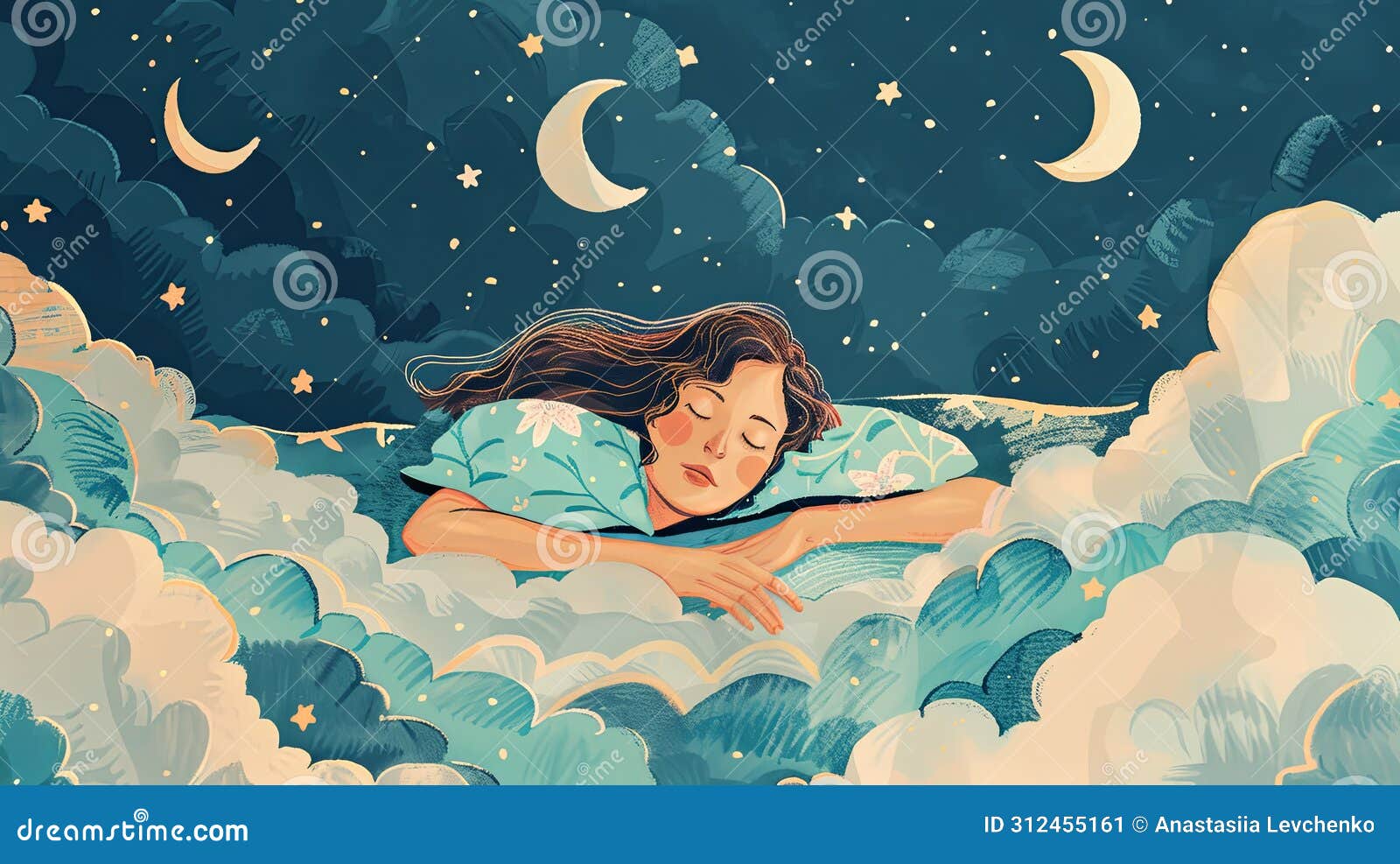 World Sleep Day Girl Sleeping In The Clouds Stock Illustration