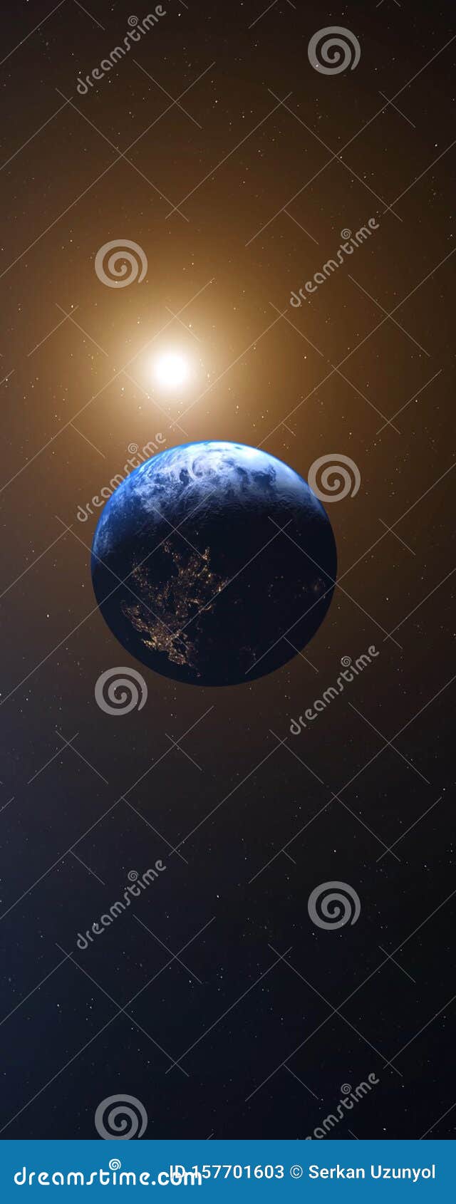 World on Space, Rising Sun Over Planet Earth. Vertical Banner ...