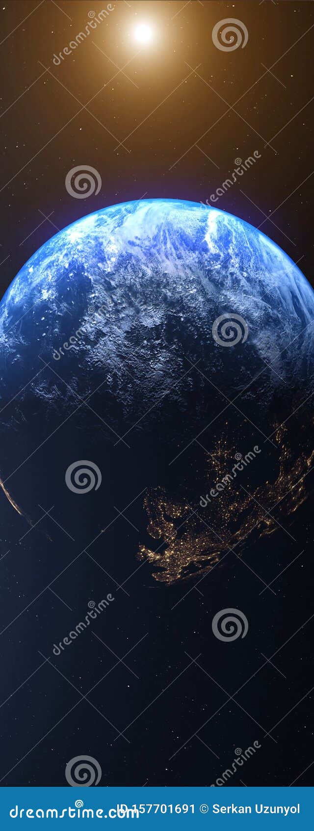 World on Space, Rising Sun Over Planet Earth. Vertical Banner ...