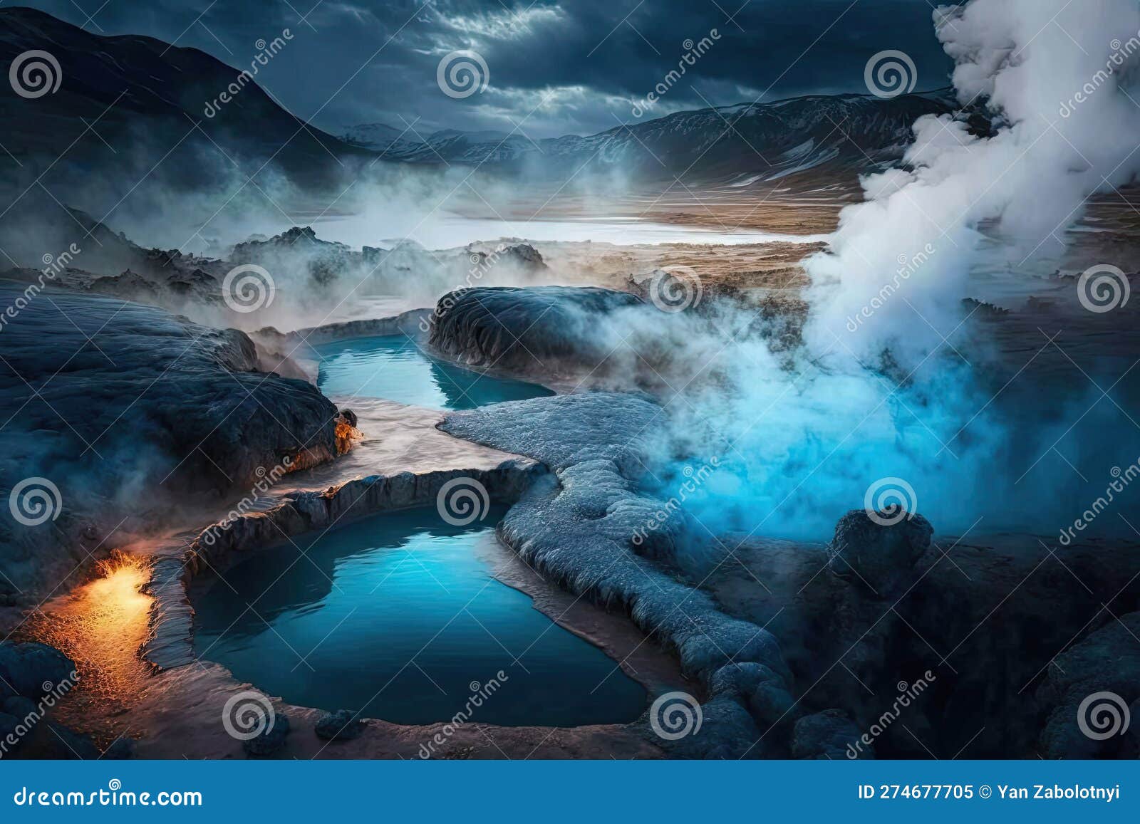 A World Of Steaming Hot Springs And Geysers. Generative AI Stock ...