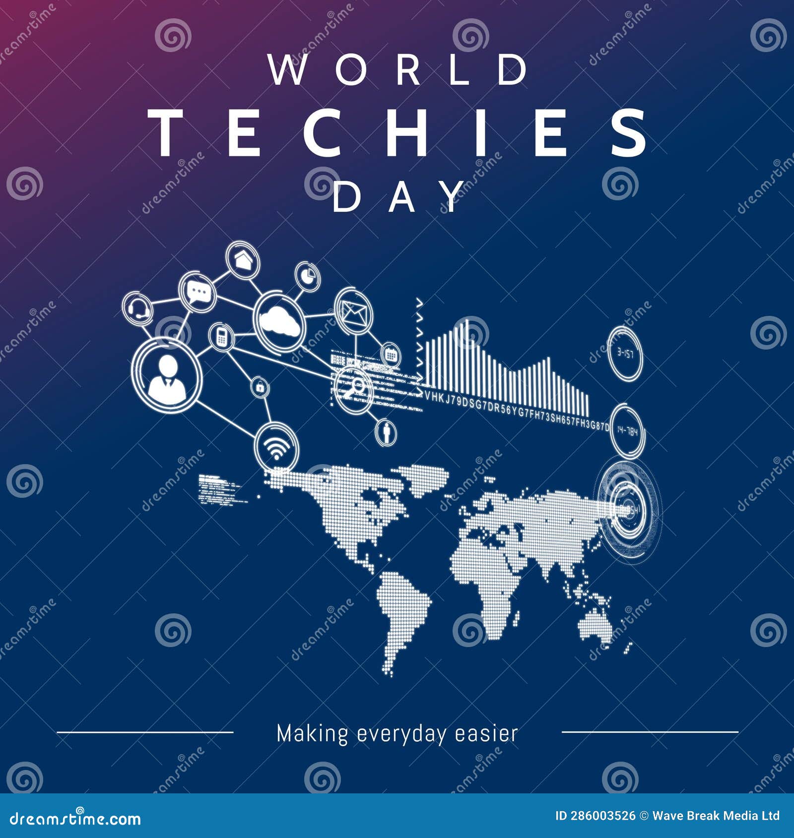World Techies Day Text in White with Network of Media Icons, World Map and Data, on Blue Stock ...