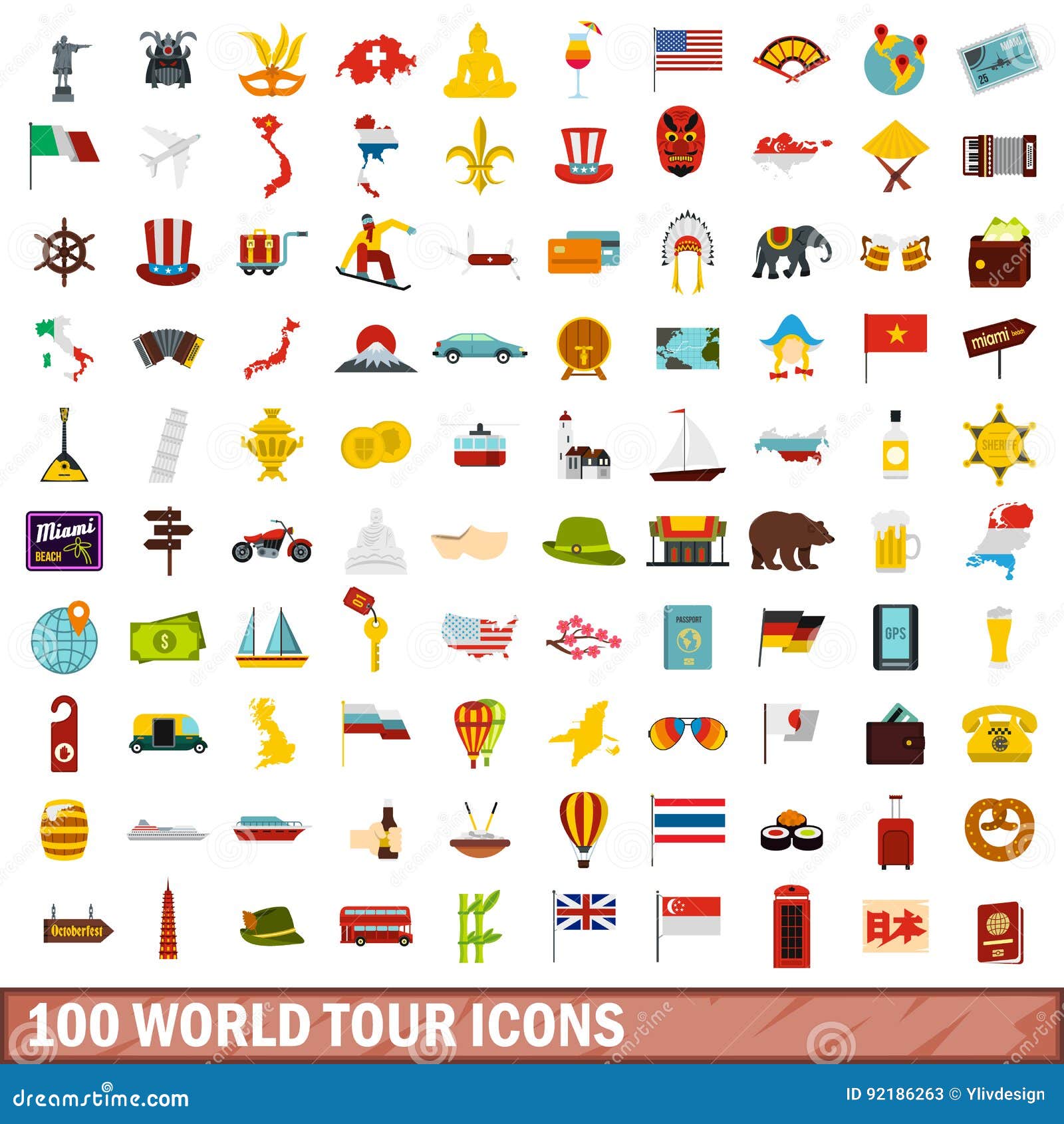100 World Tour Icons Set, Flat Style Stock Vector - Illustration of ...